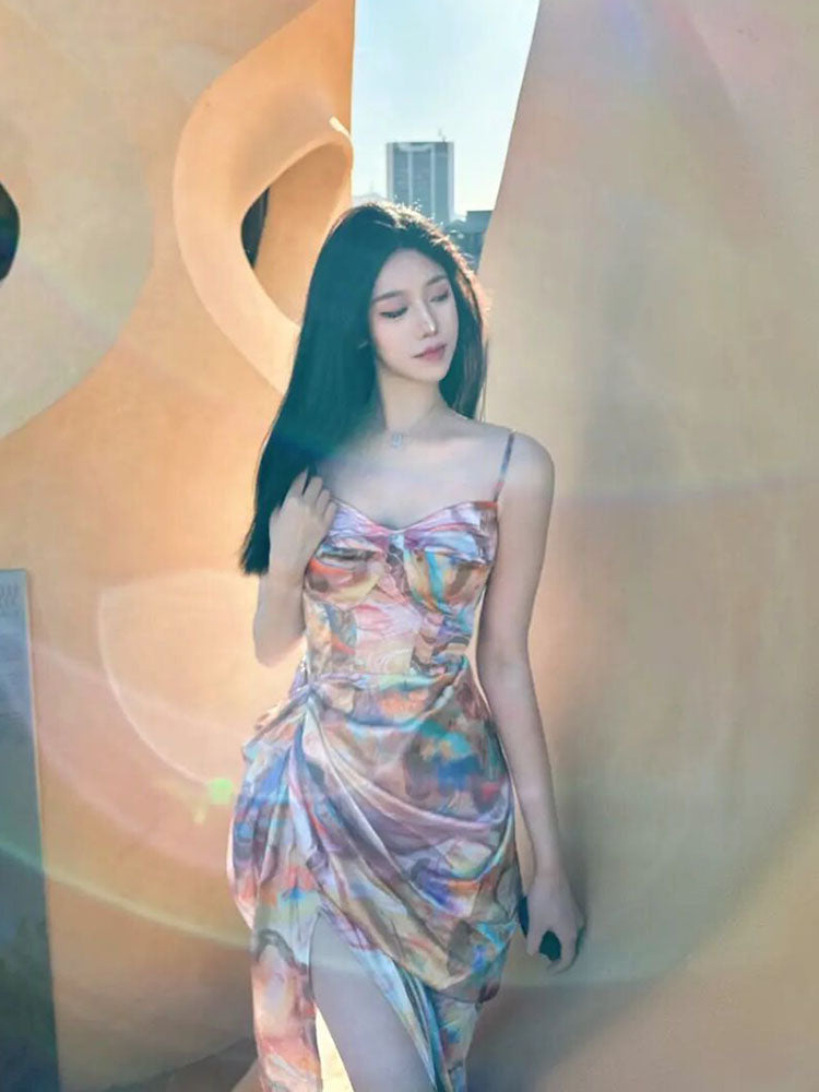 Pleated Oil Painting Slip Dress