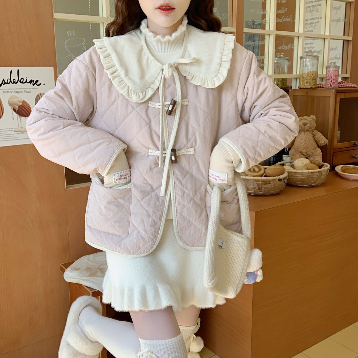 Soft Ruffled Collar Quilted Coat