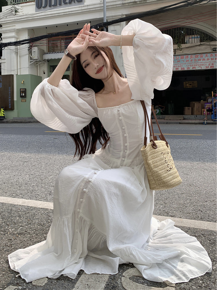 White Square Collar Bubble Sleeve Dress